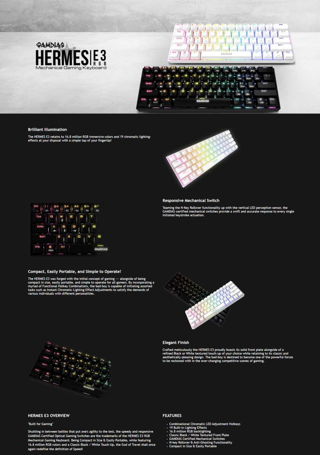 GAMDIAS Hermes E3 60% RGB Mechanical Gaming Keyboard - White - Blue ...