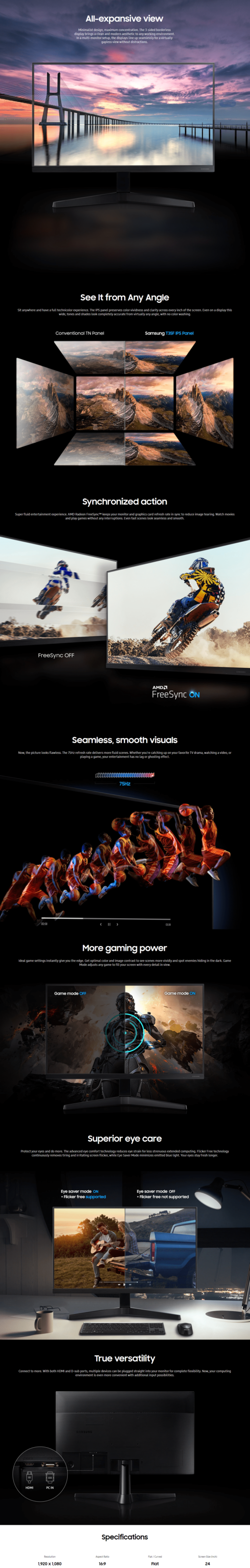 Samsung LF24T350 24in Full HD 1920 x 1080 75Hz FreeSync IPS HDMI LED ...