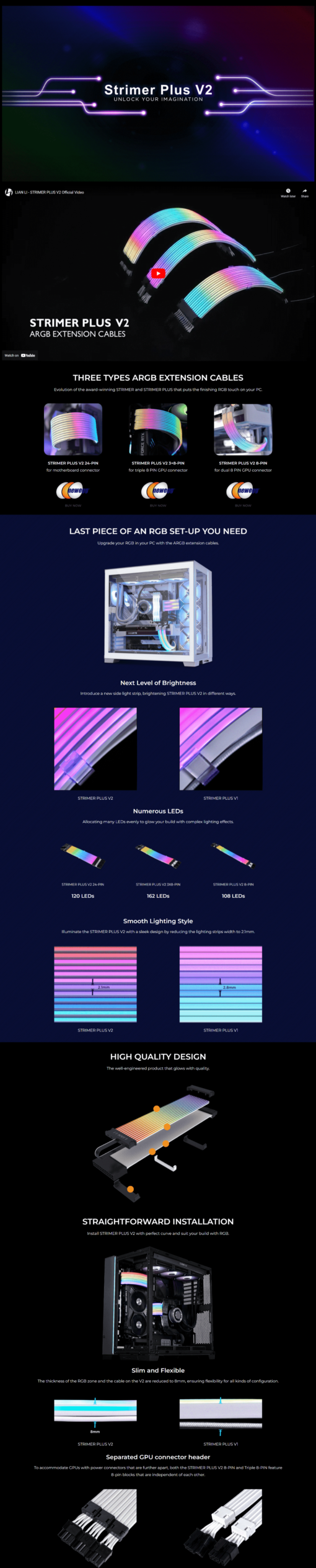 LIAN LI STRIMER PLUS V2 24 Pin Addressable RGB Power Extension Cable ...