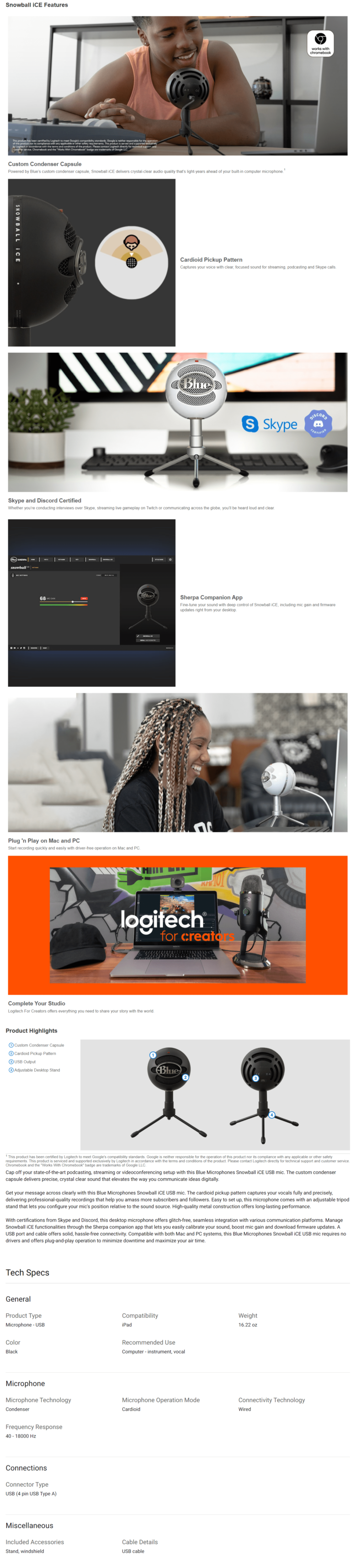 Logitech Blue Snowball iCE Plug And Play USB Microphone - Black