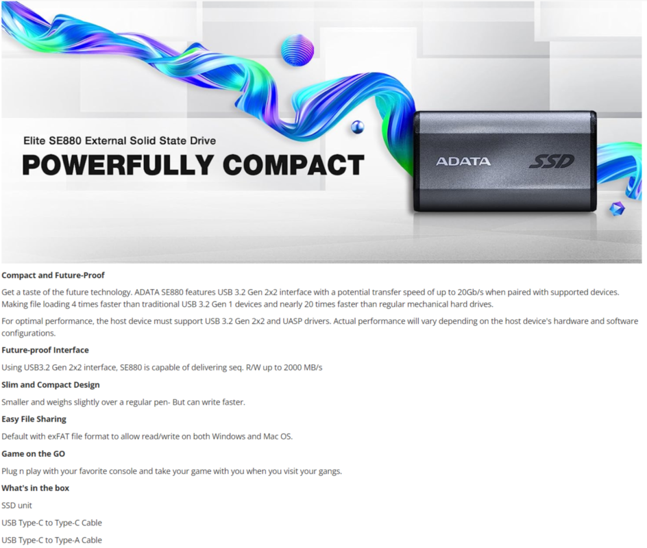 Adata Elite SE880 500GB USB 3.2 Gen2 x2 External SSD
