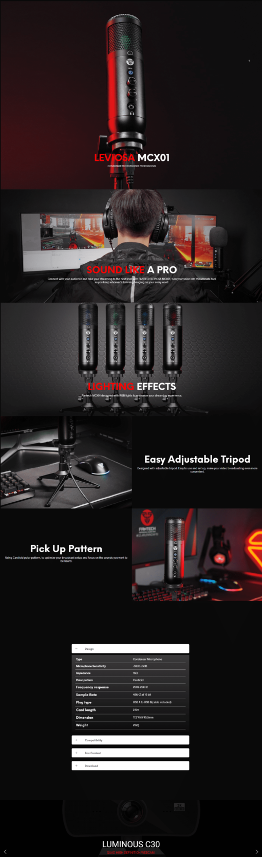 FANTECH Leviosa MCX01 RGB USB Condenser Gaming Microphone, Streaming ...