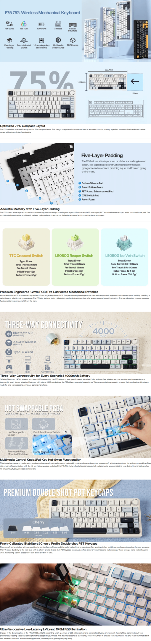 AULA F75 Wireless Mechanical Keyboard Greywood Switch